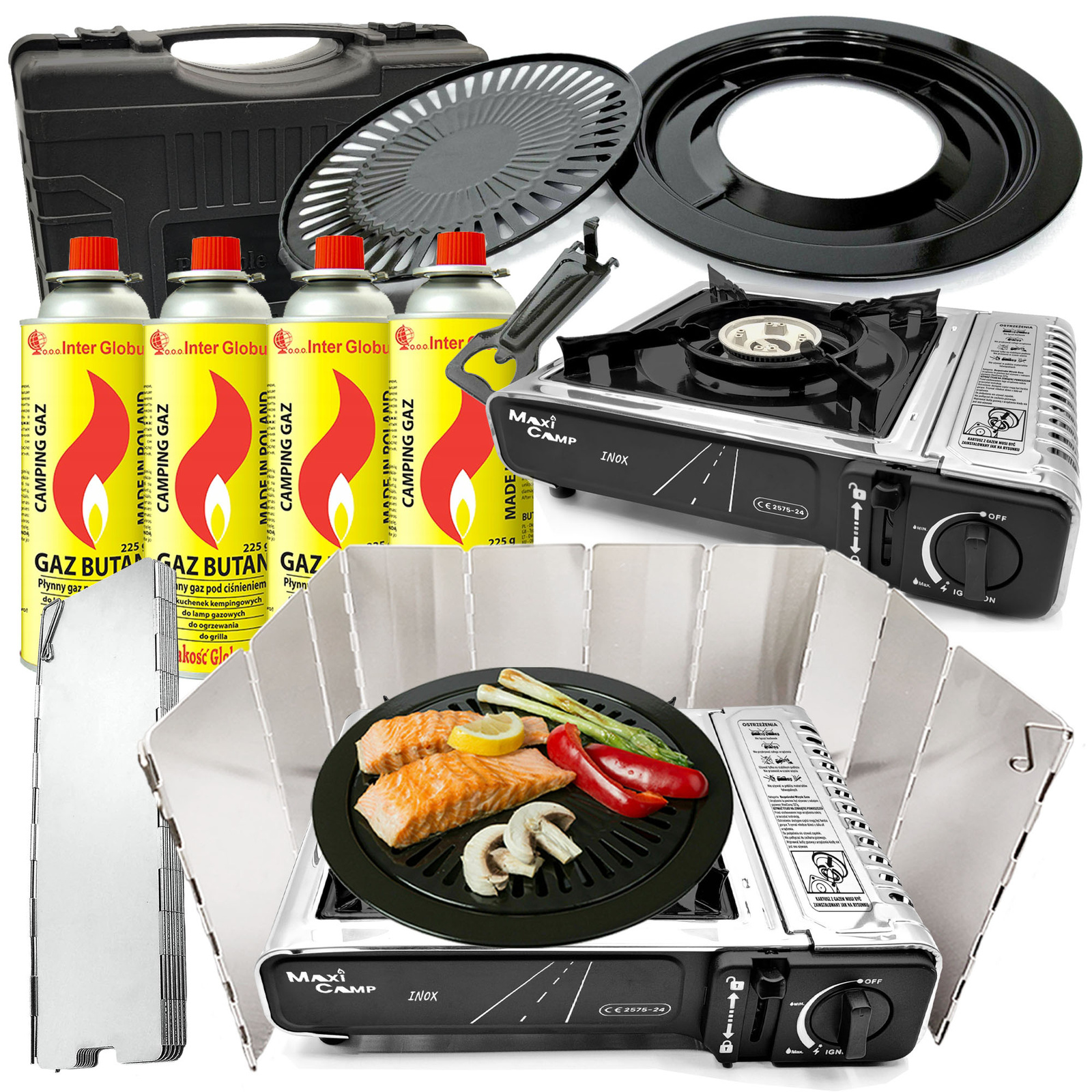 MaxiCamp Kuchenka turystyczna gazowa na kartusz INOX + Nakładka grillowa + Osłona ...