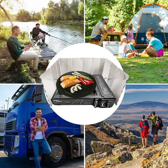 MaxiCamp Kuchenka turystyczna gazowa na kartusz BLACK + Nakładka grillowa + Osłona ...